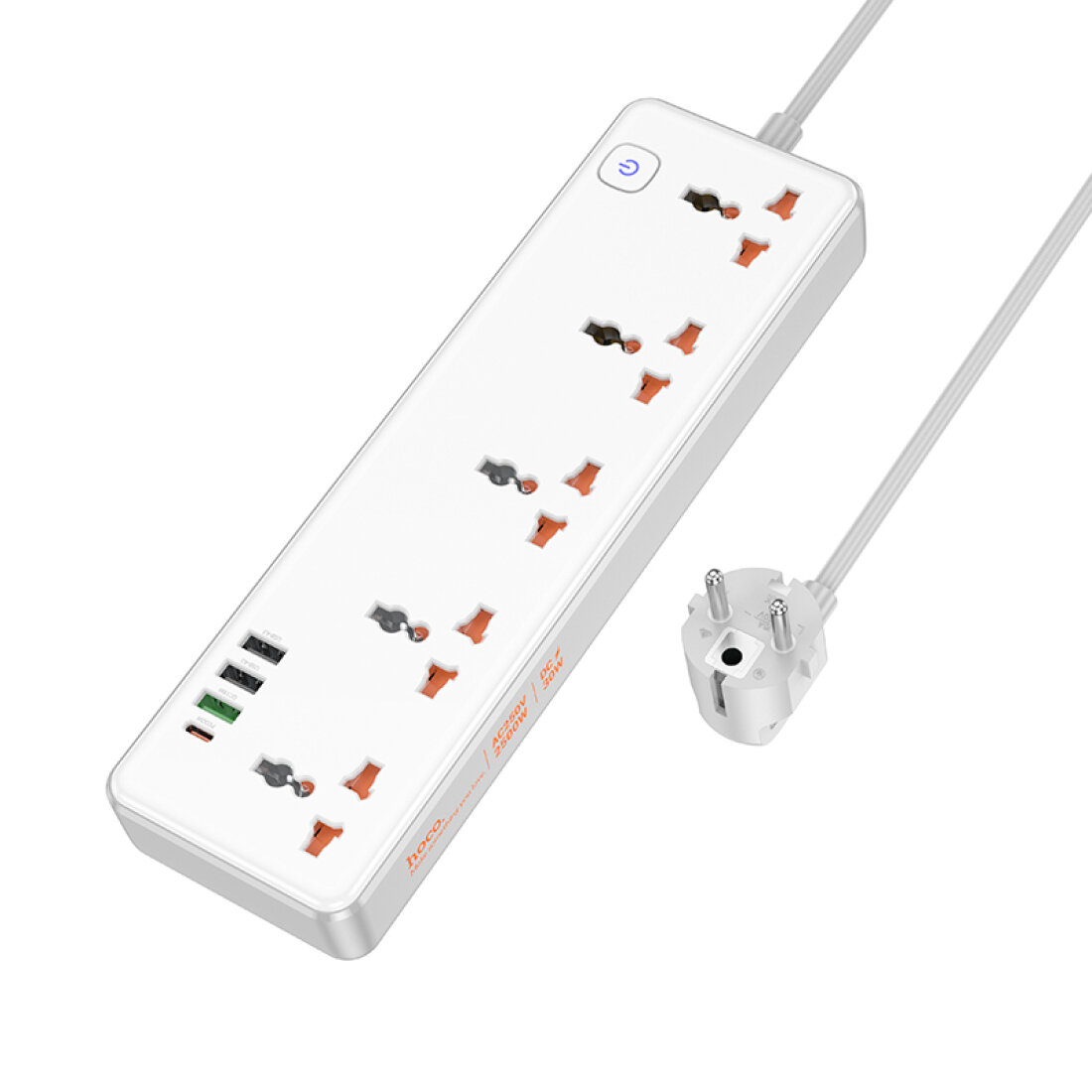 Сетевой фильтр на 5 розеток+3 USB+1 PD, 1.5м, AC14A, HOCO, белый