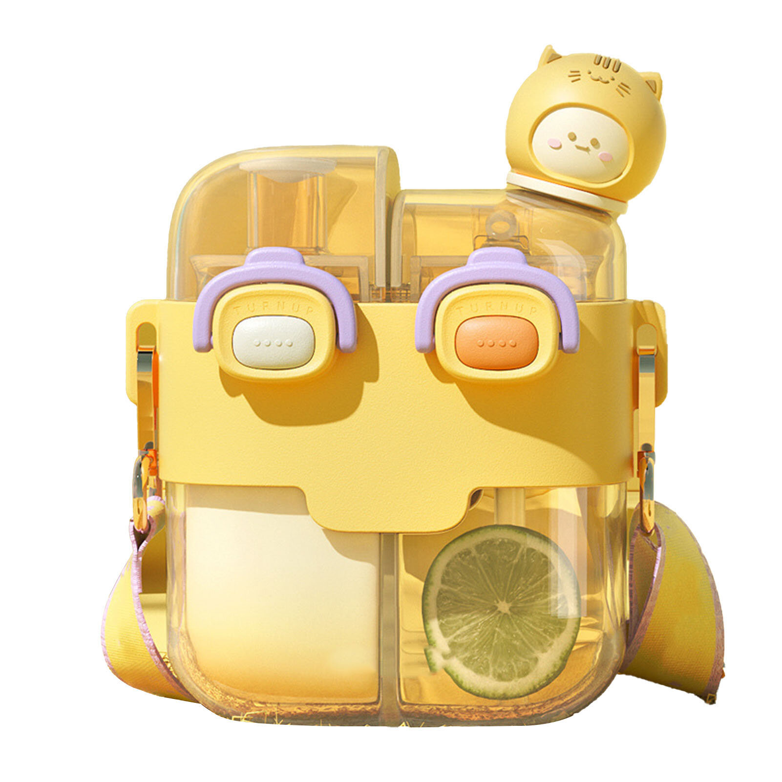 Бутылка для воды Kawaii Yellow 530 мл с двойными стенками, изолированная пластиковая, регулируемый ремешок и соломинка