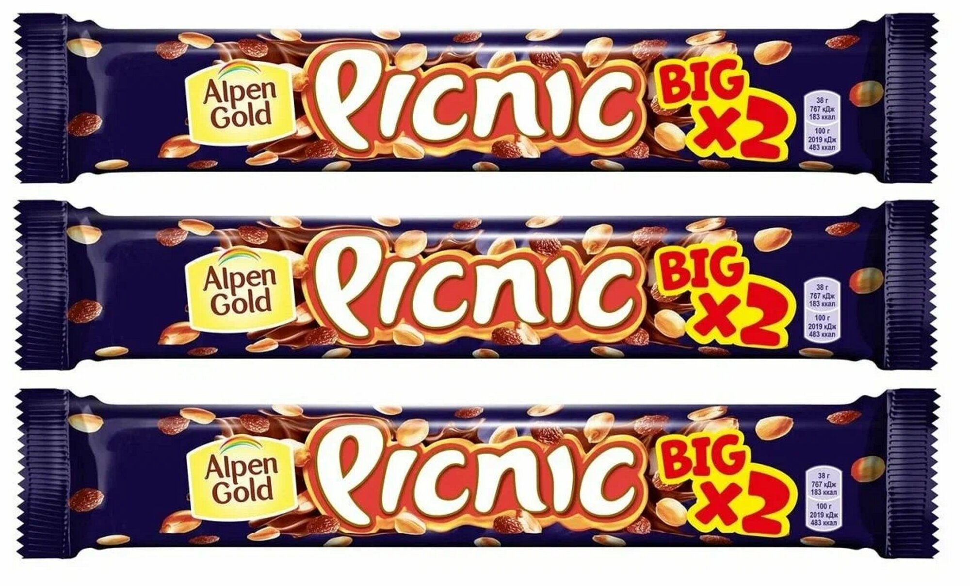 Big Picnic батончик с арахисом и изюмом, начинкой из мягкой карамели, вафель и воздушного риса, покрытый молочным шоколадом, 76 г 3 шт