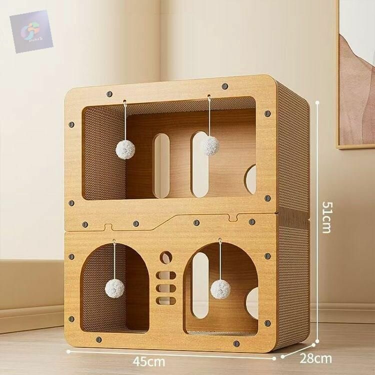 Двухэтажный домик-когтеточка для кошек Многофункциональный комплекс с лежанкой и когтеточкой (дерево + картон, 51см, для 3+ кошек)