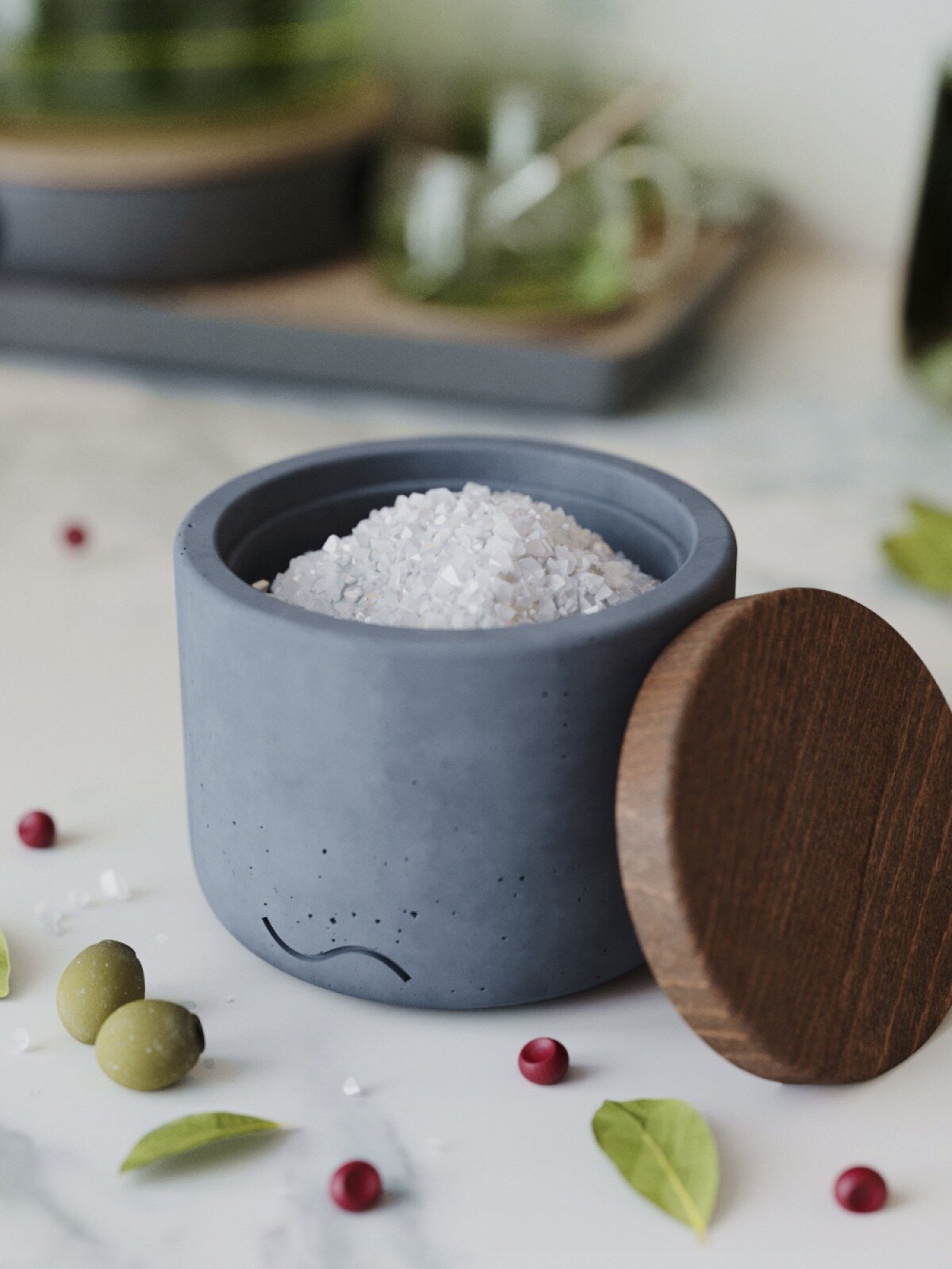 Банка, ёмкость для хранений сыпучих продуктов и специй Astrid XS, с деревянной крышкой, бетон, графитовая матовая