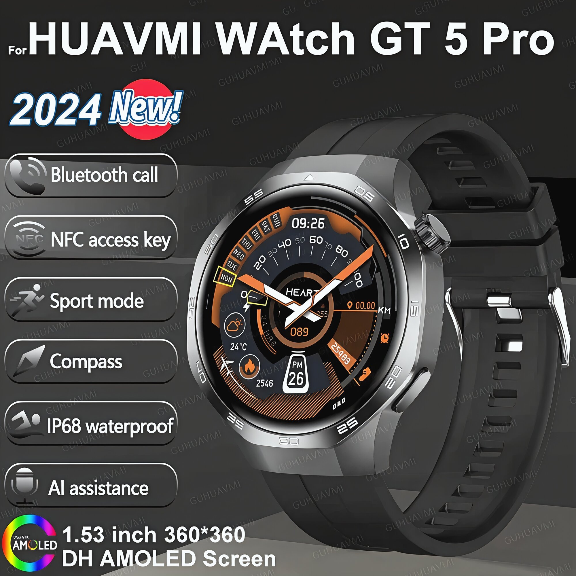 Для Huawei GT5 PRO Смарт-часы Мужские часы 5 Pro AMOLED HD Экран Смарт-часы 2024 Новый, Black, For Huawei GT5 Pro