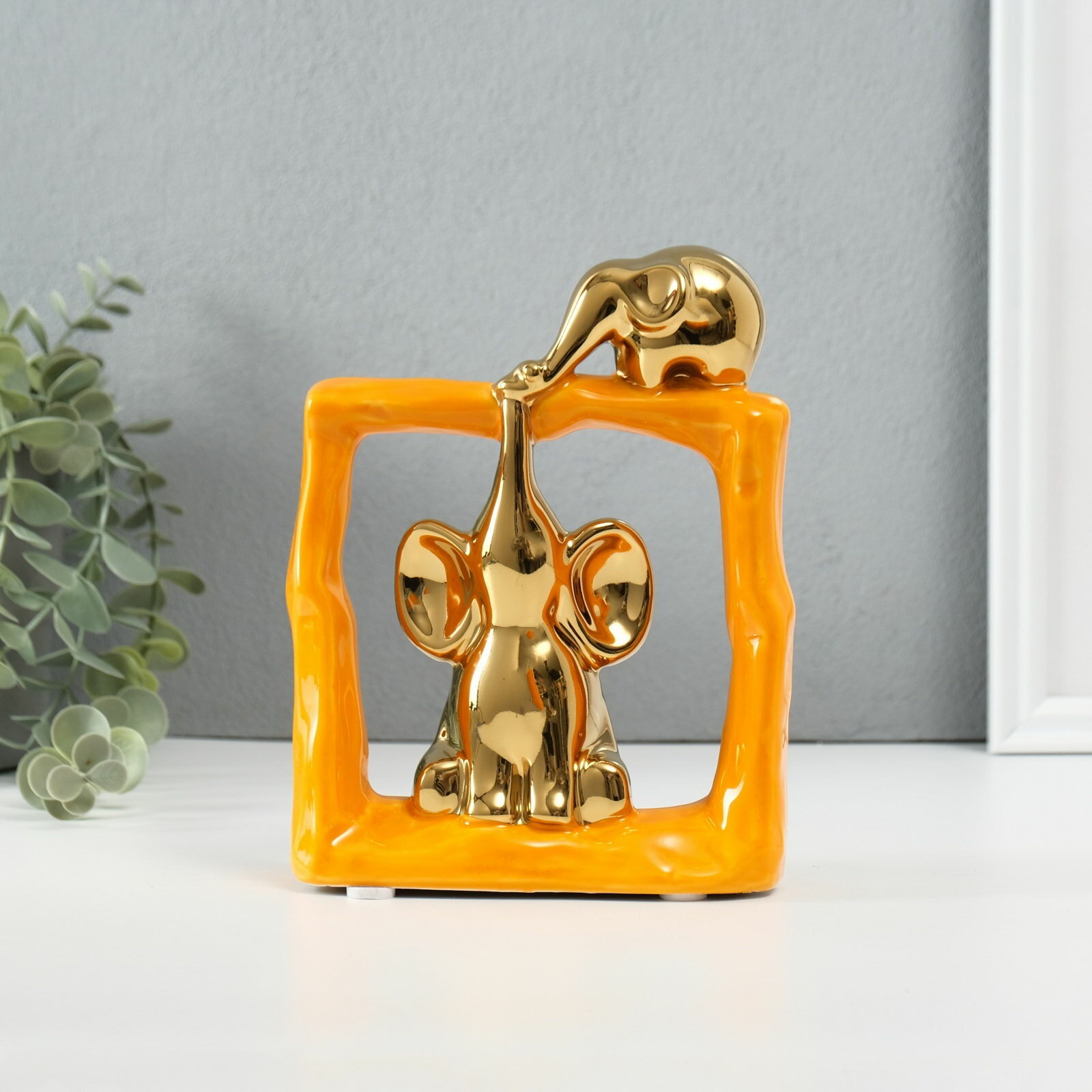 Фигурка керамика "Слонята - поддержка. Квадрат", оранжевый с золотом, 6x13.5x17.5 см