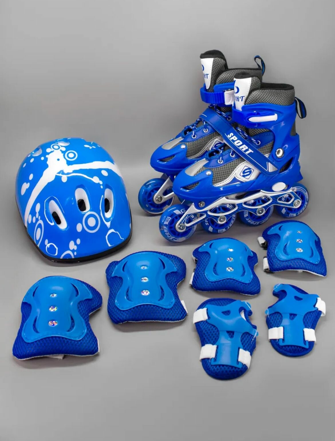 Набор раздвижных роликов-трансформ, синие. 5в1(Сумка+Ролики+Шлем+Защита+Втулки) L (34-37)