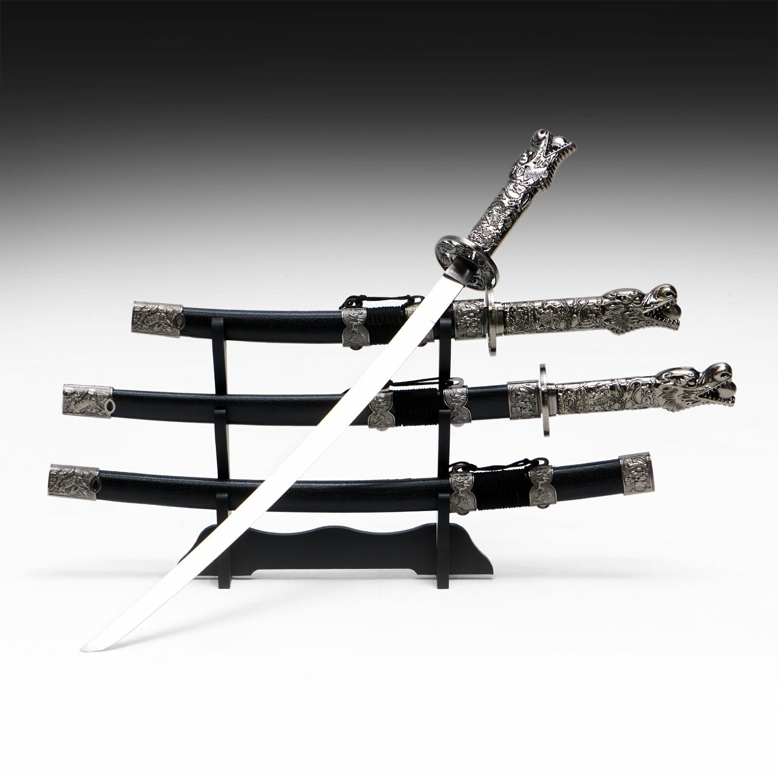 Сувенирное оружие катаны 3в1 на подставке, ножны кожзам, голова дракона черные 45/52/61см