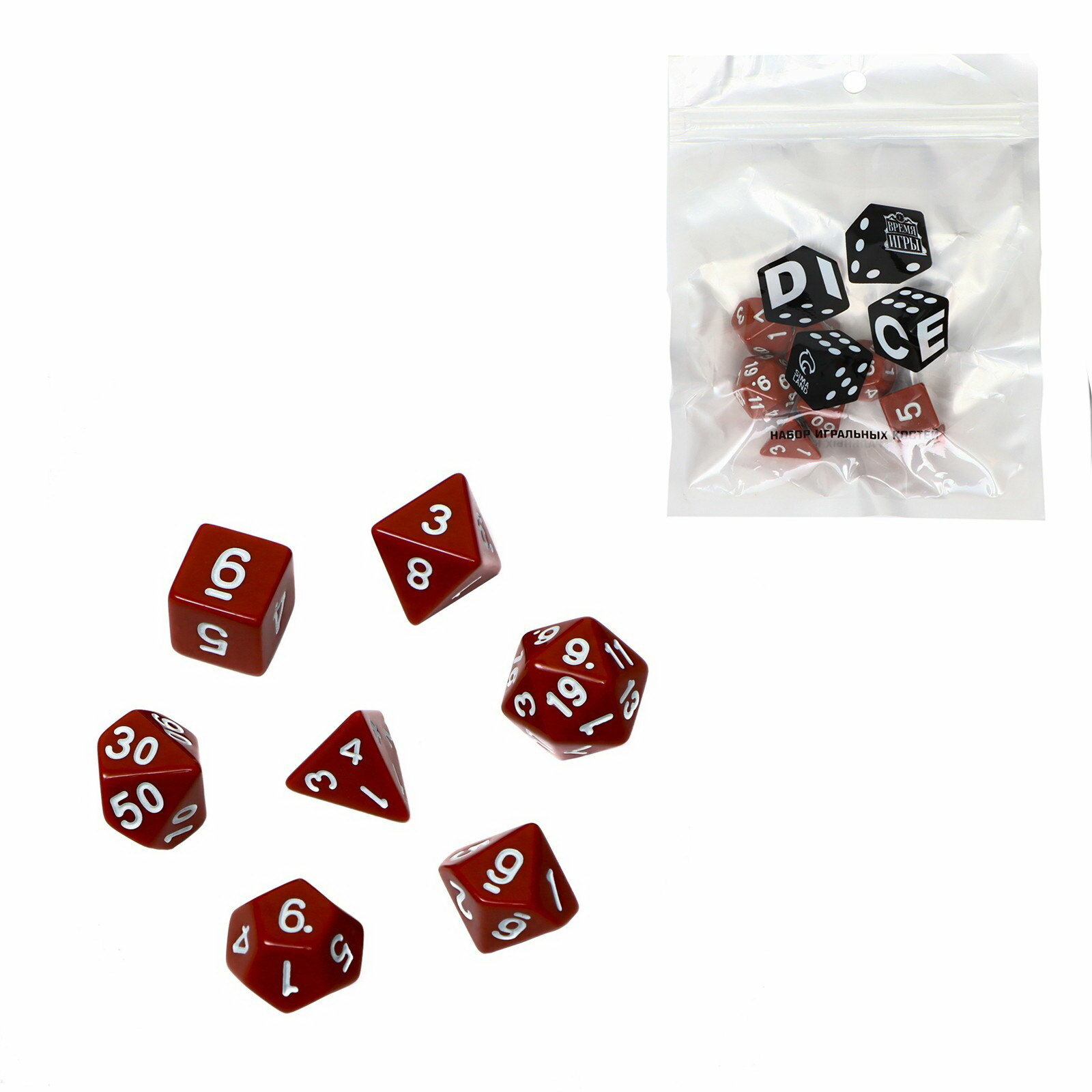 Кубики - дайсы для ДнД, набор 7 шт, бордовые, вид: дайсы, цвет: бордовый
