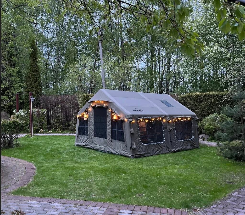 Надувная палатка Coody 13.68 Pro зеленая 13.6 м 5-7 человек / модульная система HUB, дымоход, всесезонная