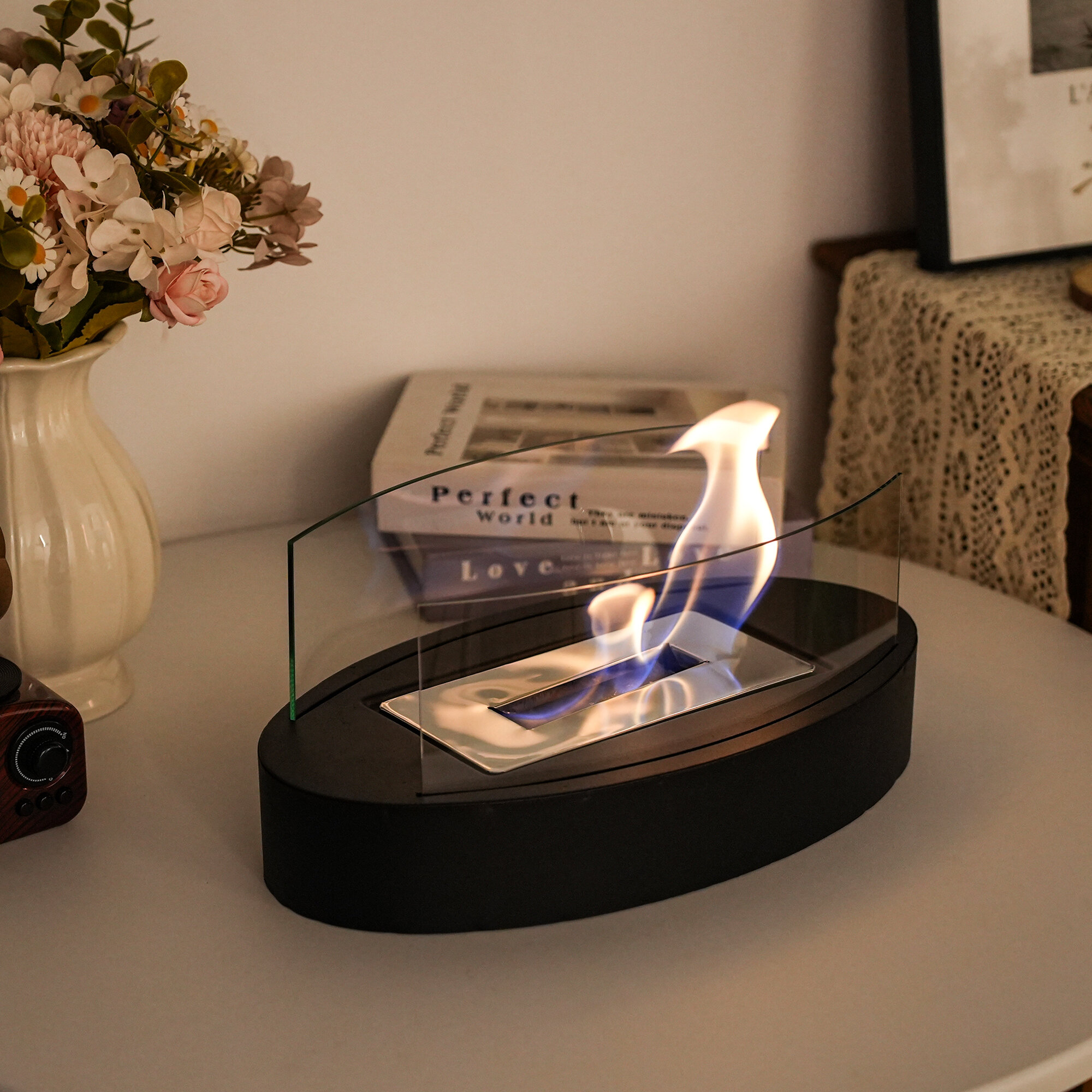 Биокамин настольный из МДФ с закаленными стекламиJHYDESIGNдля дома, овал-Новый