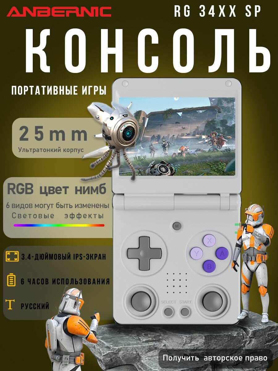Anbernic RG34XXSP Grey 64G,3,4-дюймовый экран складная Ретро-портативная игровая консоль Два джойстика