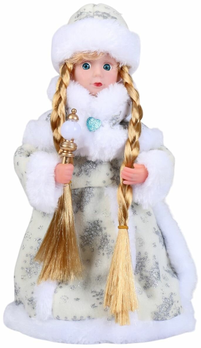 Снегурочка под ёлку "Белая шубка, с посохом и синей пуговкой", новогодняя фигура, высота 31 см, с функцией движения и подсветкой, работает от батареек