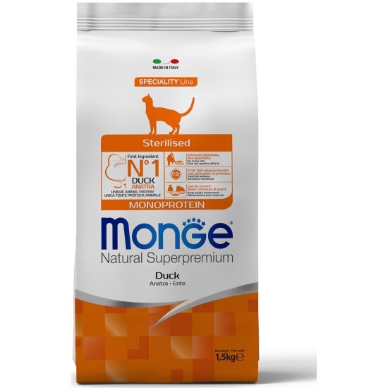 Сухой корм для стерилизованных кошек Monge Monoprotein Sterilised Duck с уткой 1,5 кг