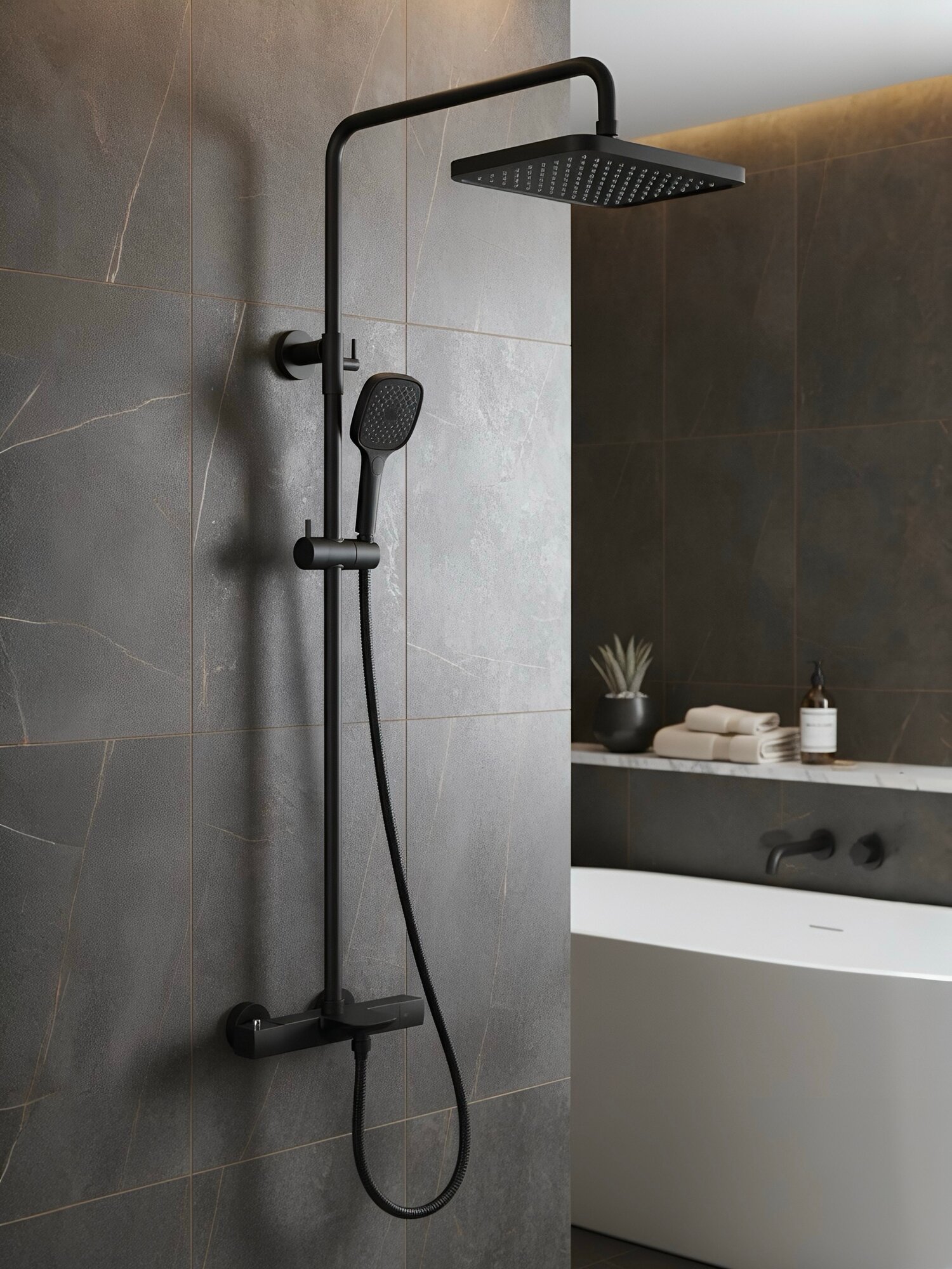 Душевая система с тропическим душем и смесителем с термостатом, черная матовая