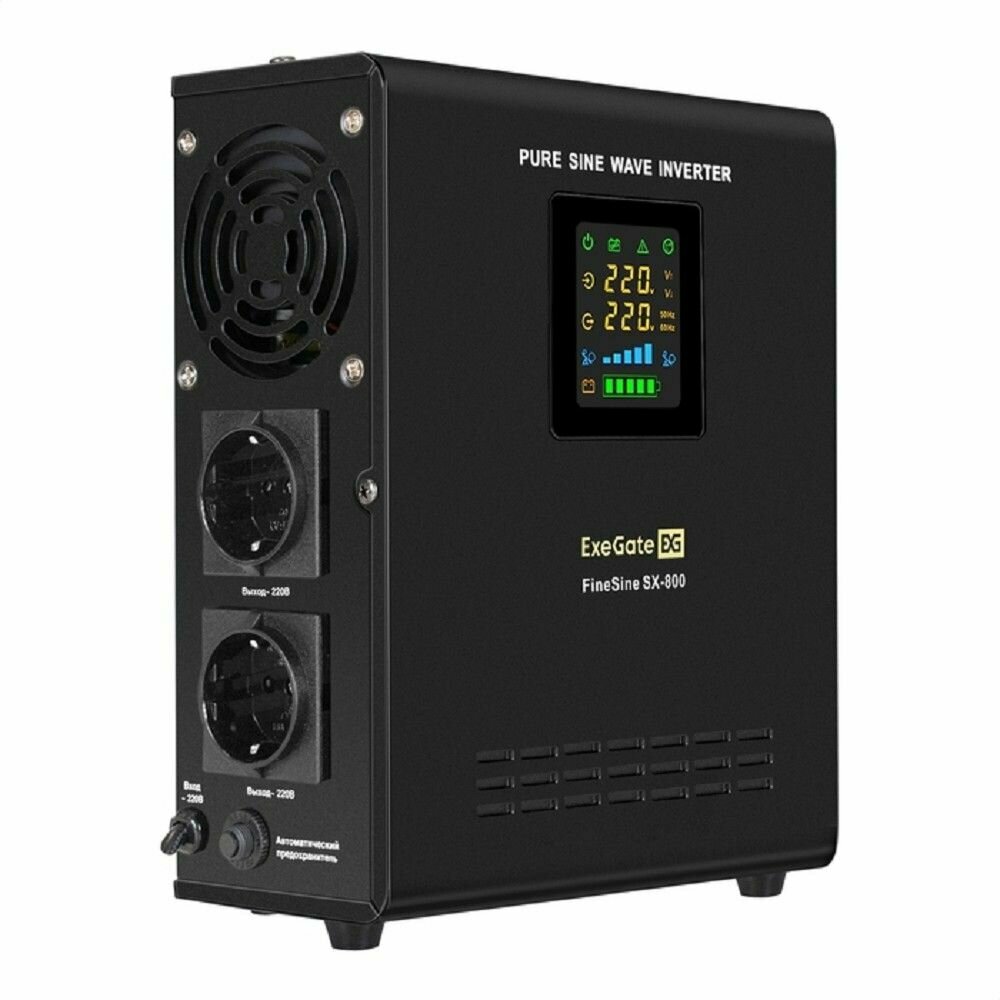 EXEGATE ИБП EX295996RUS ИБП инвертор, синус, для котла настенный FineSine SX - 800. LCD. AVR.2SH <800VA 500W, чистая синусоида, цветной LCD - дисплей, AVR, 2 Schuko, линейно - интерактивный, внешняя бат