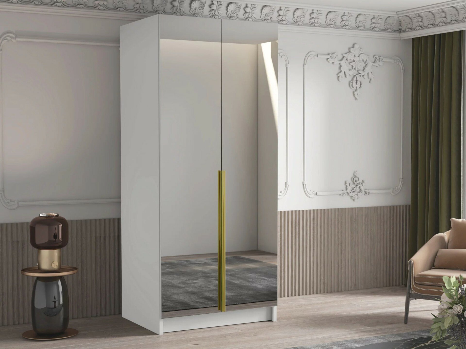 Двухсекционный шкаф Элли с 2 зеркалами (ручки золото) Белый снег 8685 BS NOW 80*45*220 см Фиеста