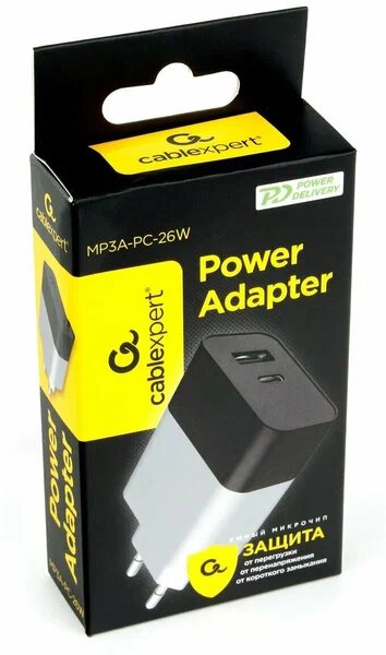 Адаптер питания 220 В - USB Cablexpert PD18W Type C + USB A 2,4А, чёрный