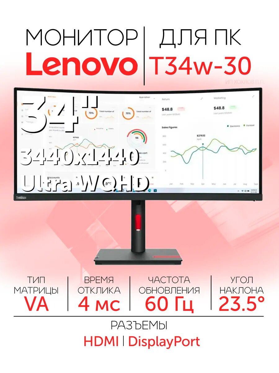 Монитор 34" ThinkVision T34w-30 черный VA LED 21:9 HDMI