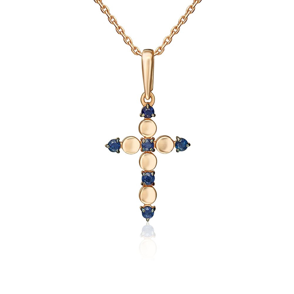 Крестик, красное золото, 585 проба, родирование, сапфир