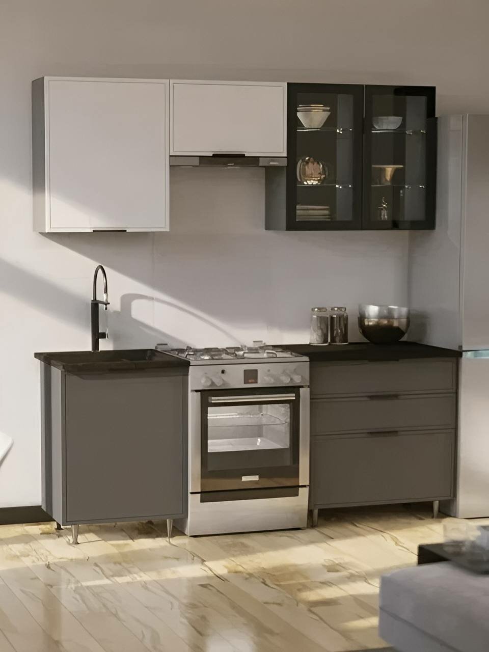 Кухонный гарнитур Николь 2м холст белый/вулканический/корпус графит со столешницей миф