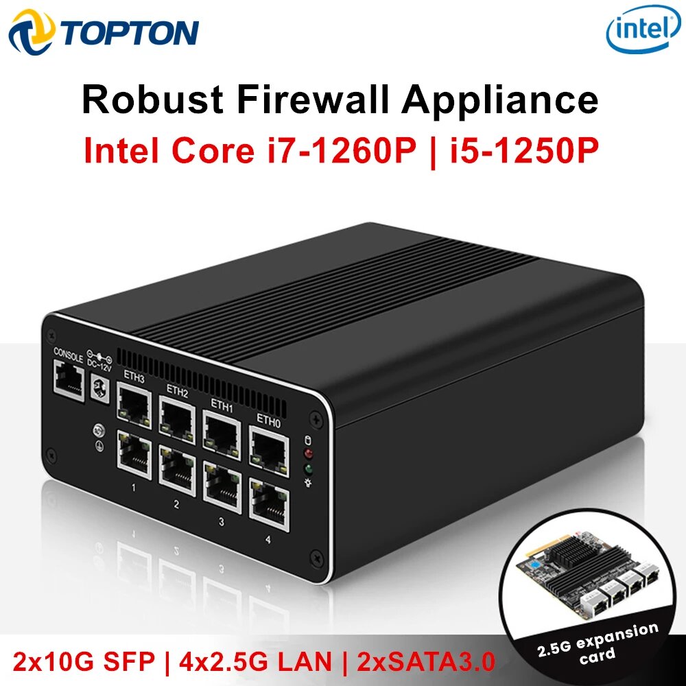 Мини-ПК Topton Robust Firewall Intel i7-1260P/i5-1250P/i3-1215U i5-1250P 8x2.5G