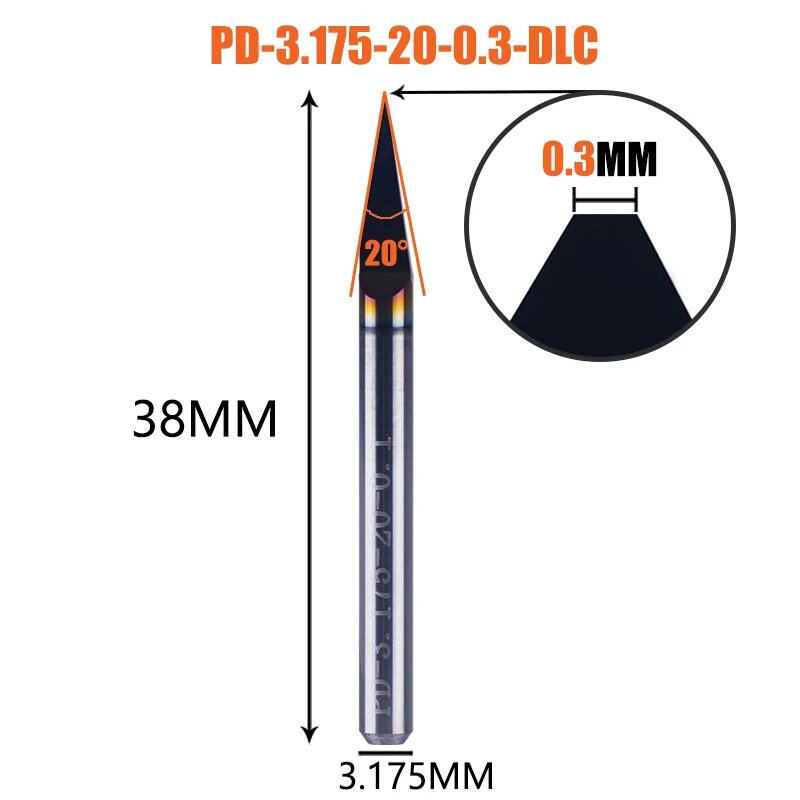 Dreanique 1 шт. DLC-покрытие, хвостовик 3,175 мм, V-образная фреза с плоским дном JD-3.175-20-0.3
