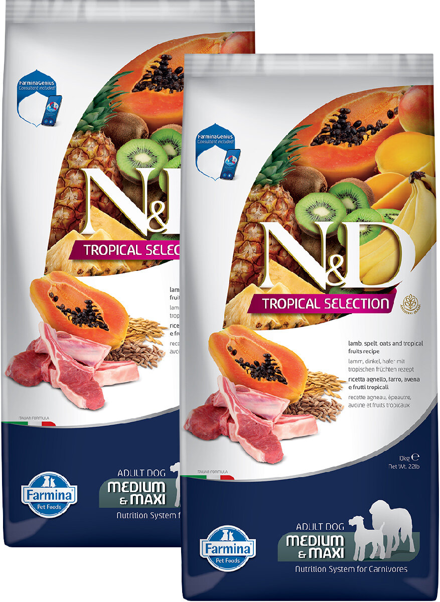 Корм сухой Farmina Dog N&D Tropical Selection Adult Medium & Maxi Lamb низкозерновой для взрослых собак средних и крупных пород, ягненок, спельта, овес и тропические фрукты, 10 + 10 кг