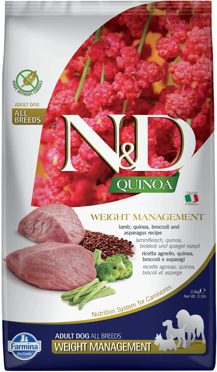Корм сухой Farmina Dog N&D Grain Free Quinoa Weight Management Lamb беззерновой диетический для взрослых собак всех пород, ягненок и киноа, 2,5 кг