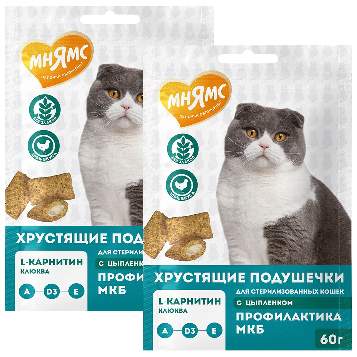 Лакомство Мнямс Профилактика МКБ для стерилизованных кошек, хрустящие подушечки цыпленок и клюква, 60 г х 2 шт