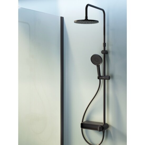 Душевая система Am.pm X-Joy смеситель-полка для душа, душевая штанга, верхний душ 220 мм, ручной душ, черный F0785A622