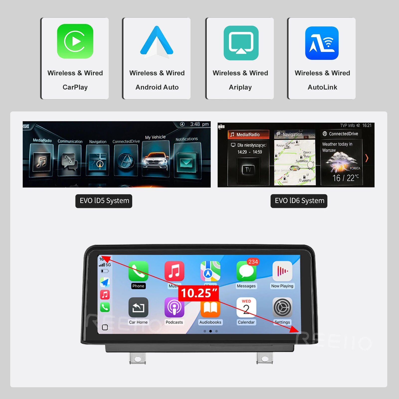 Беспроводной CarPlay 10,25 для BMW EVO ID5/ID6 X1 X3 X5 F16 F86 G01 2017-2019, Android Auto, мультимедийный дисплей, сенсорный экран