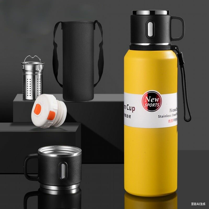 Термос Со стеклянной колбой, С ручкой, Крышка-чашка, 1 л