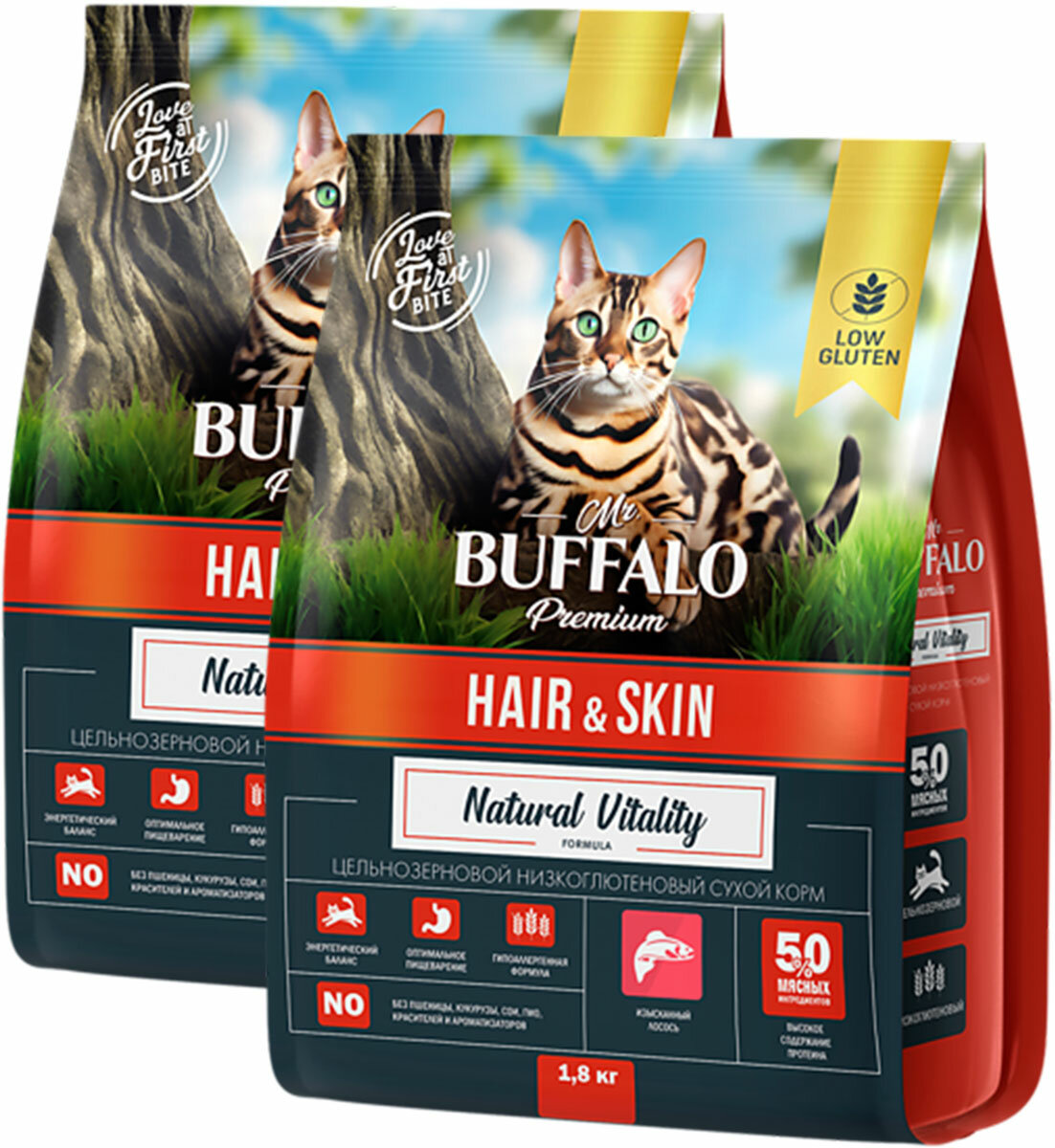 MR.BUFFALO ADULT HAIR & SKIN для взрослых кошек с чувствительной кожей и шерстью с лососем (1,8 + 1,8 кг)