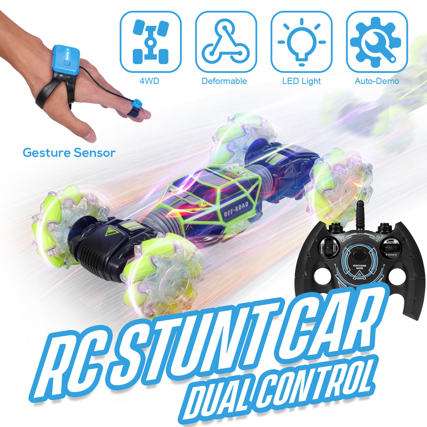 RC Stunt Car 4WD с управлением по жестам сенсорным часом, деформируемая электромобиль, всеземельная трансформируемая машина, авто-демо для детей, подарок на Рождество с LED-освещением и музыкой, цвета: красный, зеленый, синий, скорость 18 км/ч, частота