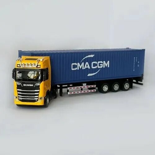 Модель грузовика тягач с прицепом-контейнером, синий , желтый Scania