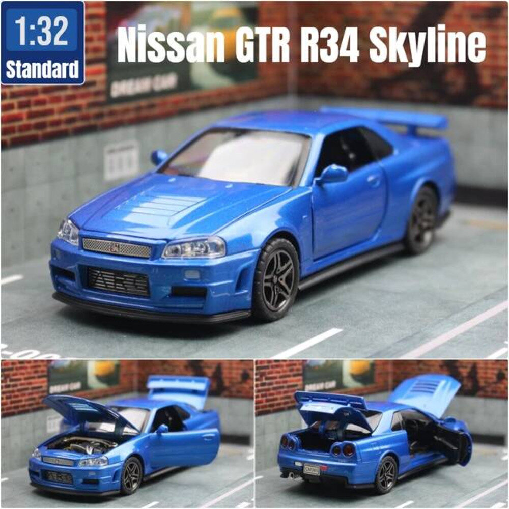 1/32 Nissan Skyline GTR R34 JDM игрушечная модель машинки, литая под давлением, миниатюрная, со звуком и светом, коллекционная, подарок для детей и мальчиков