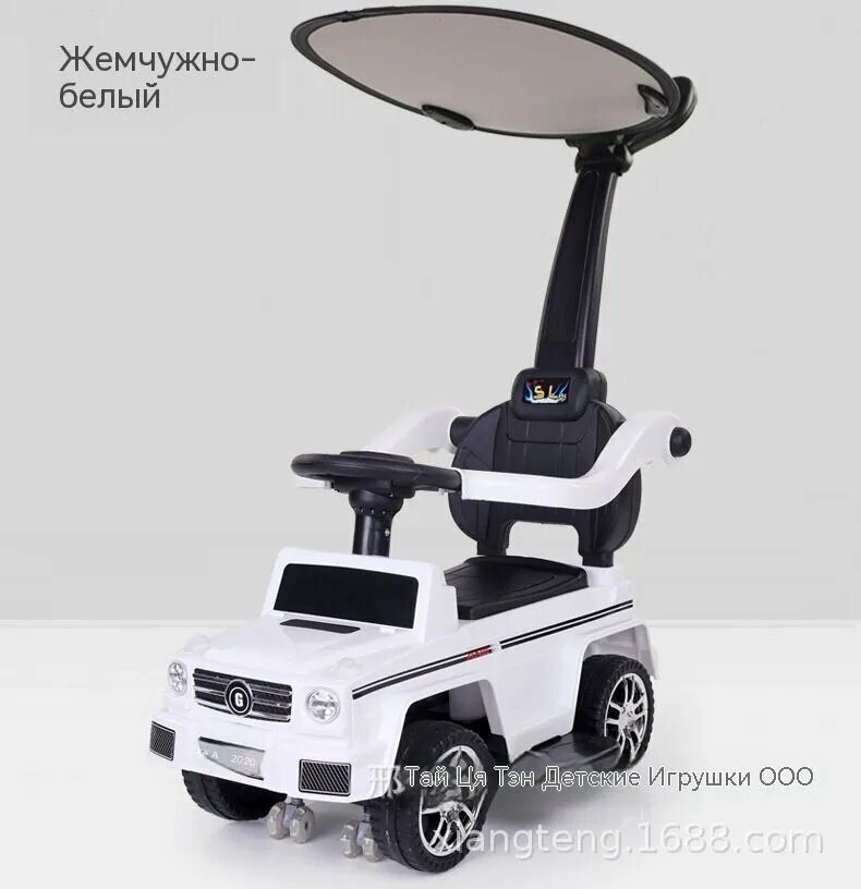 Каталка детская с ручкой, Mercedes Benz Джип, толокар, с кожаным сиденьем, капюшоном, звуком