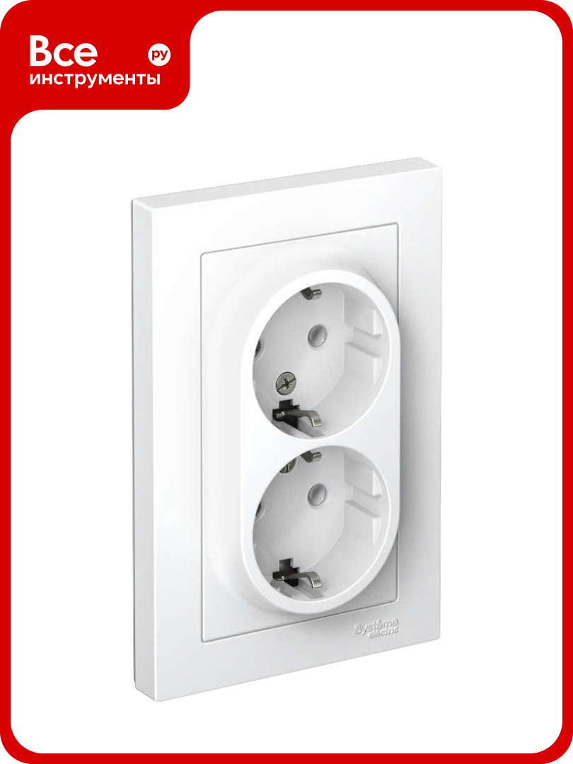 Розетка Systeme Electric 2-м ATLAS DESIGN с заземлением, 16А, в сборе, белая ATN000124 1240135, белый, 250 В