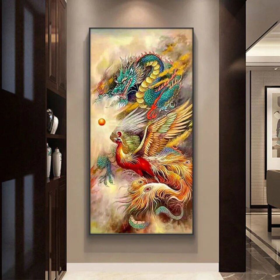 Алмазная живопись китайский дракон и феникс Leyao 30x60cm square
