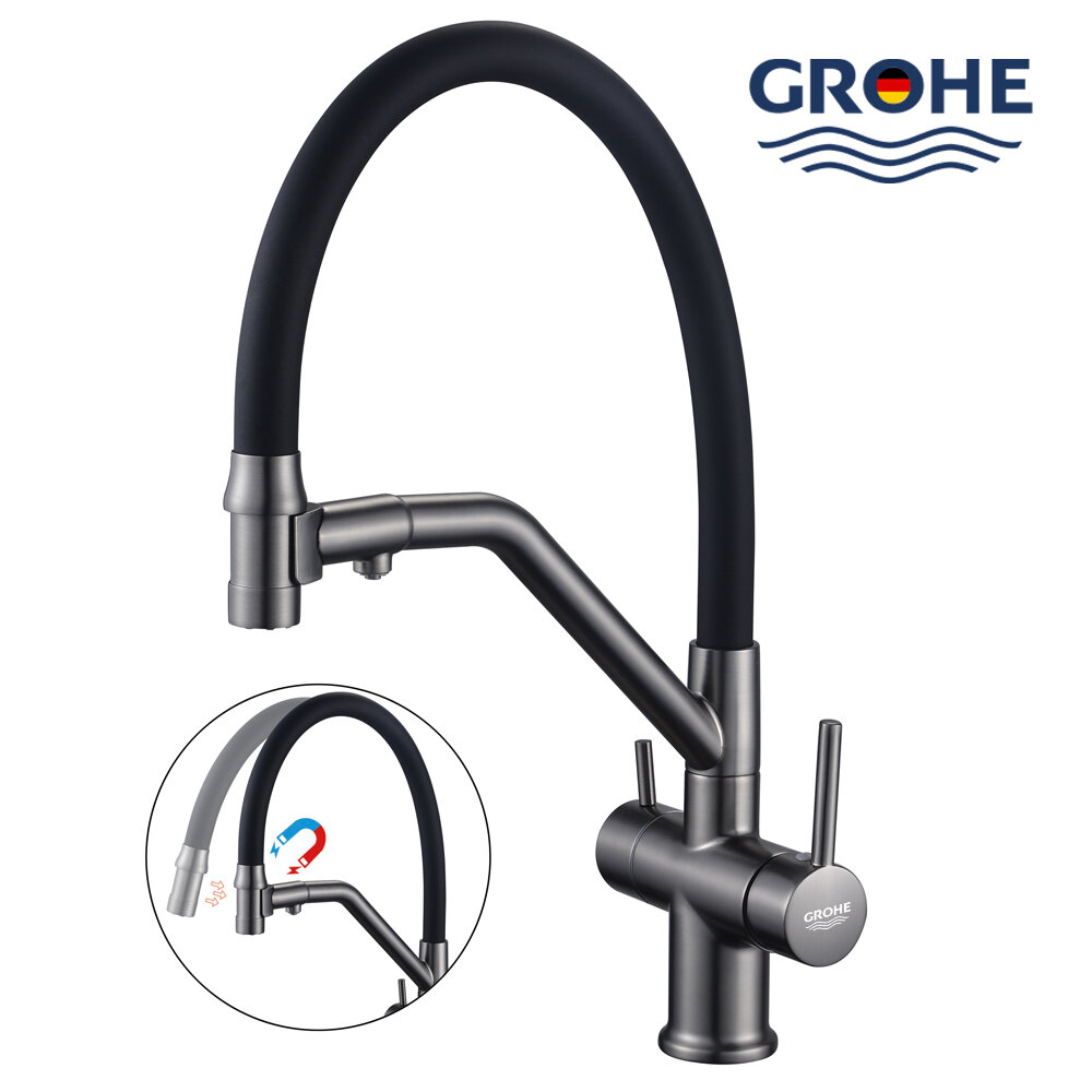 Кухонный смеситель Grohe с гибким изливом и подключением фильтра для воды, магнитная конструкция.