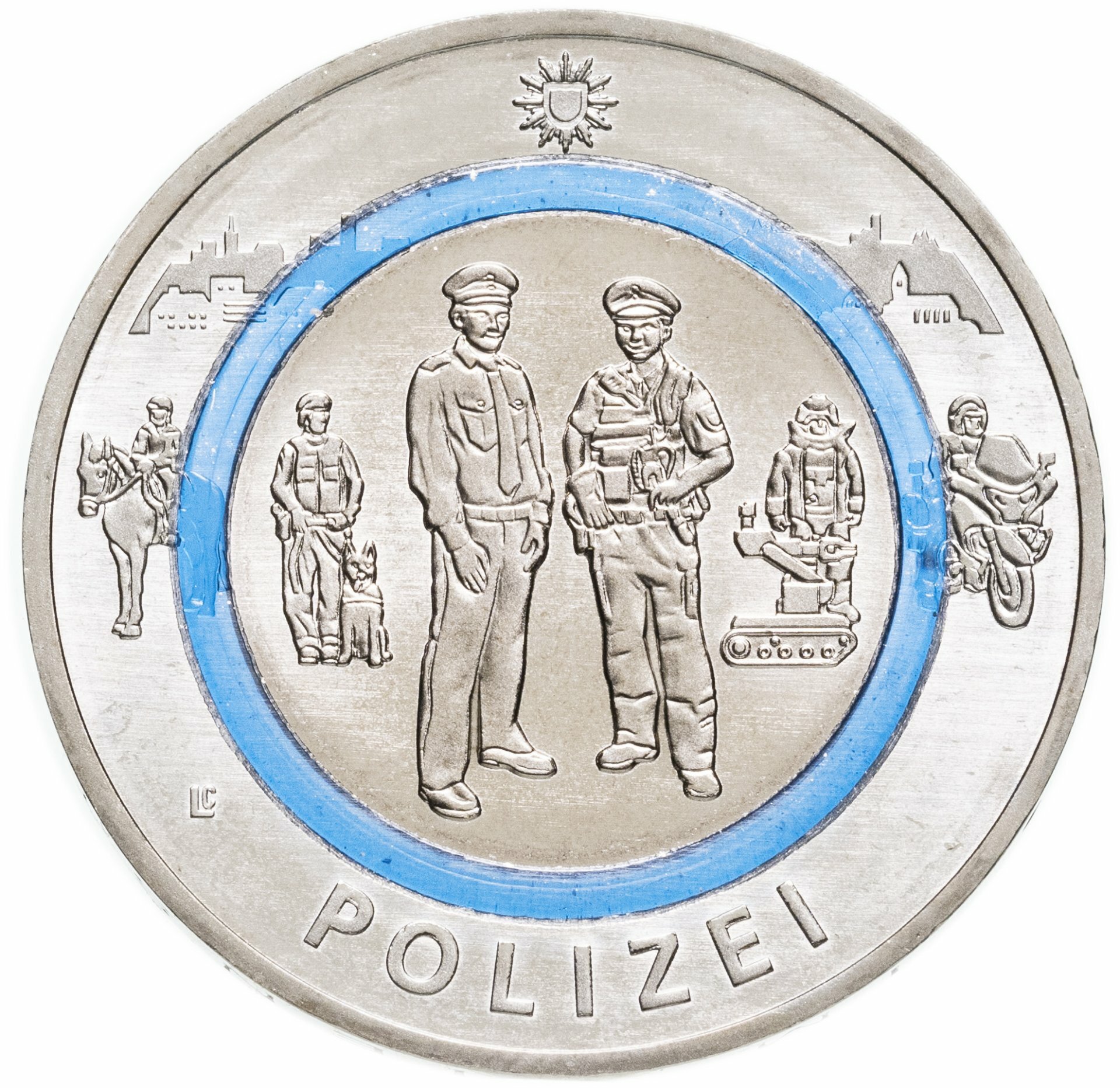 Германия 10 евро 2024 На службе общества - Полиция, двор F, Три-металл: центр - Медно-никелевый сплав, внутреннее кольцо - Полимер