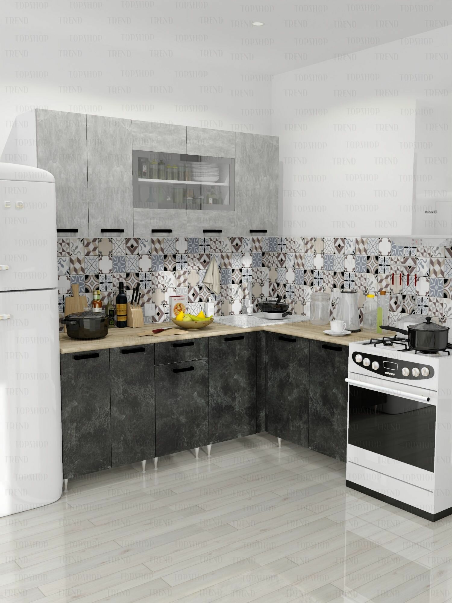 Угловой кухонный гарнитур 2.0х1.4 м, Бетон /Сонома