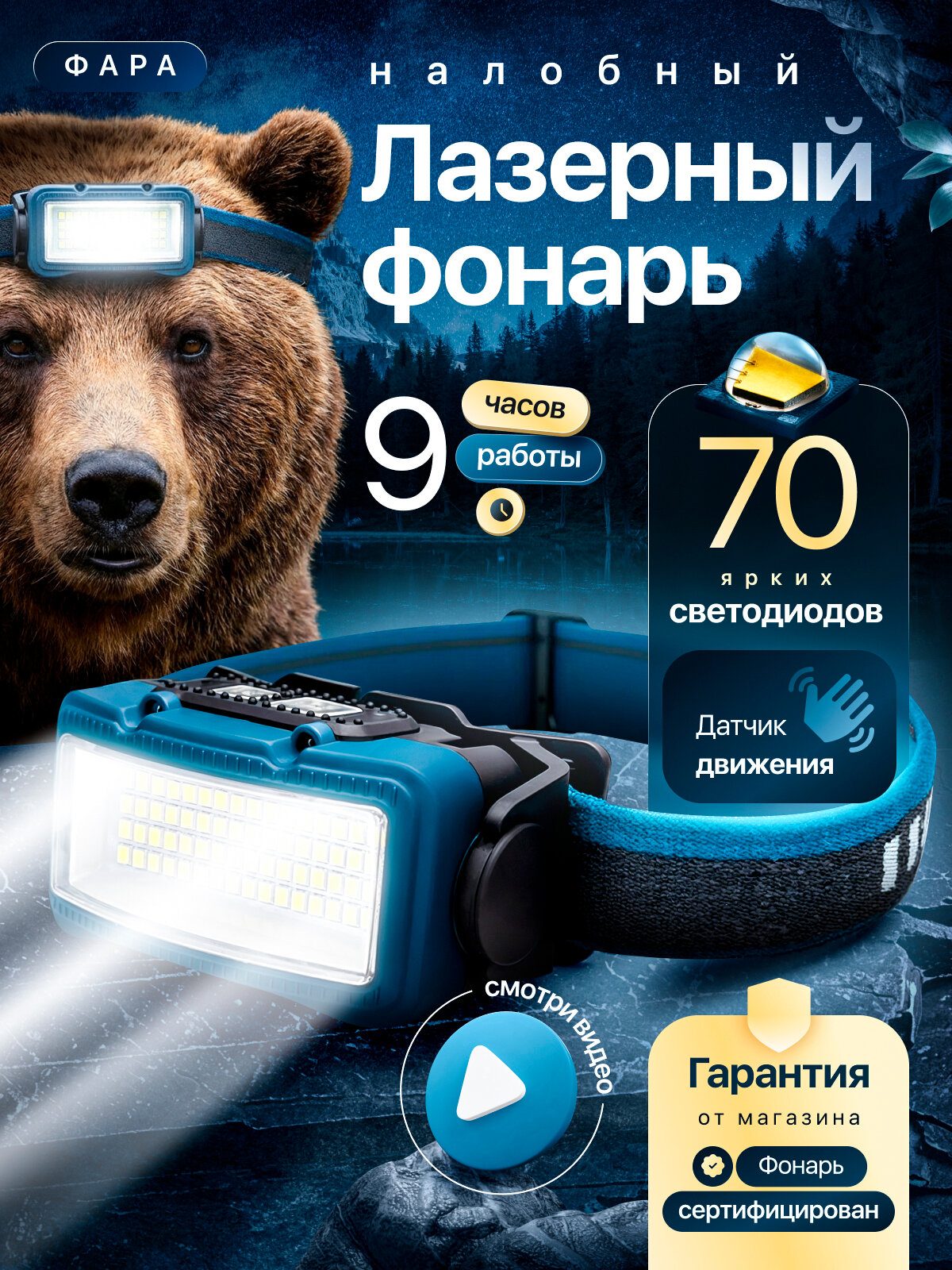 Фонарь налобный аккумуляторный мощный, светодиодный фонарик с датчиком движения, 70 LED