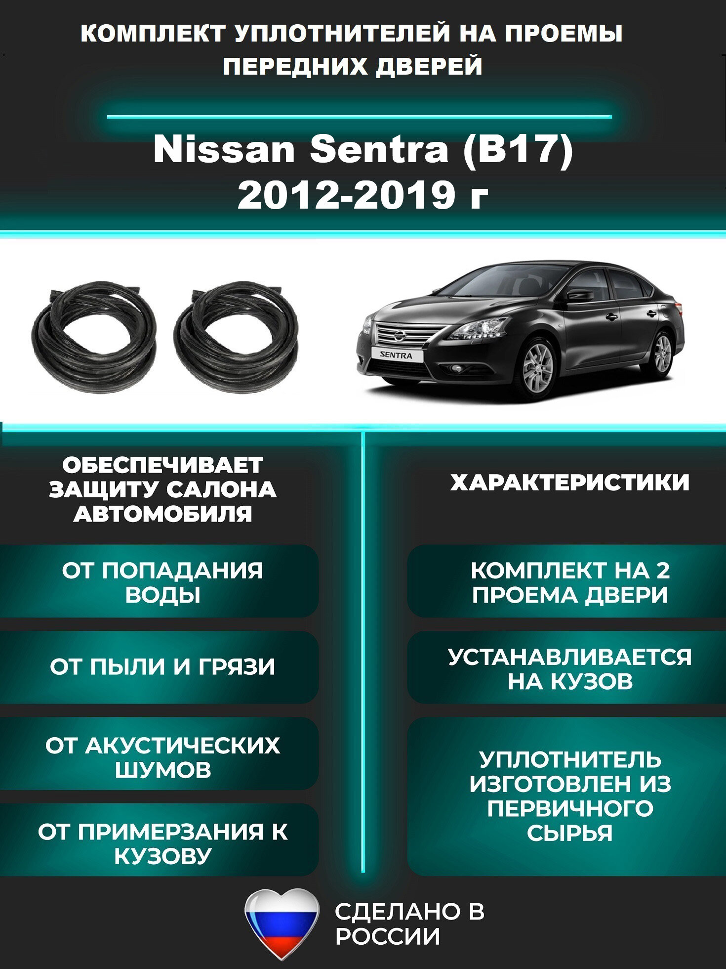 Комплект уплотнителей проемов передних дверей, подходит на Nissan Sentra (B17) 2012-2019 г, Ниссан Сентра 2 шт