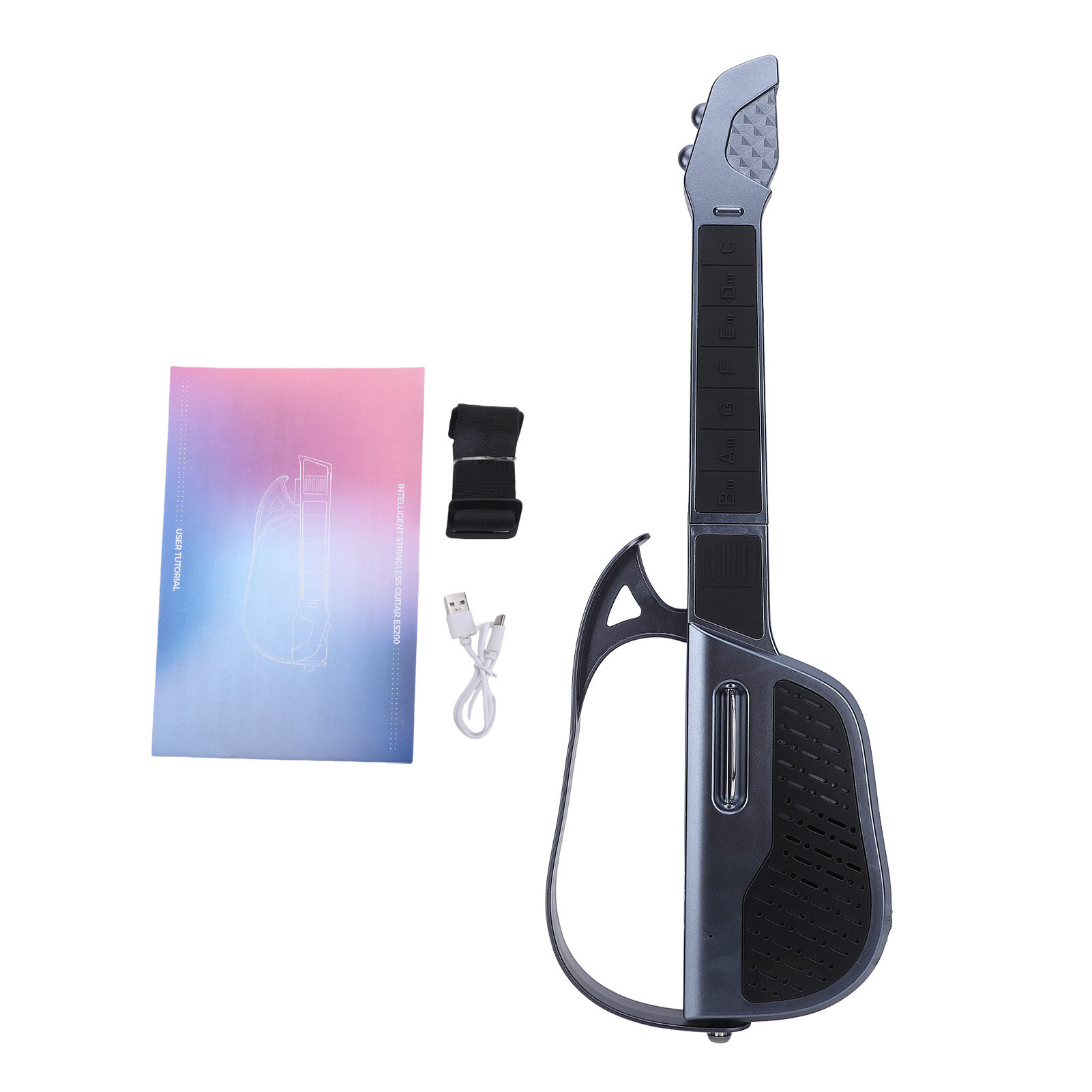 Умная электрогитара для детей, портативная, складная, без струн, с 7 кнопками, простая в игре, легкая, с закругленным дизайном, перезаряжаемая, автоматическая, черная.