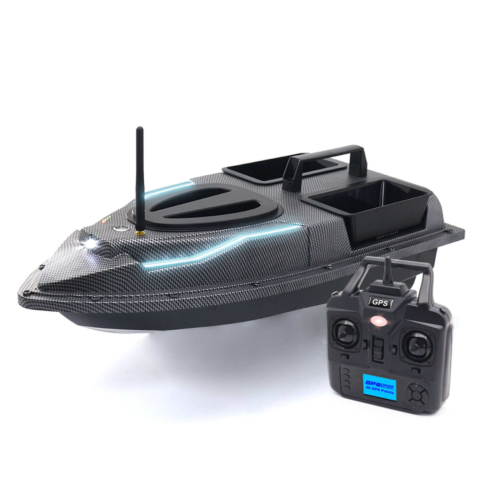 Рыболовная лодка с GPS-навигатором, дистанционным управлением, двумя моторами, эхолотом, поддержкой загрузки до 1,5 кг, автоматическим круиз-контролем/возвратом/коррекцией маршрута, светодиодной подсветкой для рыбалки.