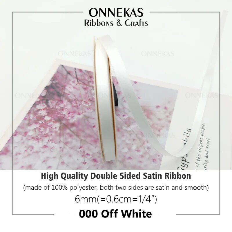 (01-44) 1/4 дюйма, 6 мм, атласная лента, 100% полиэстер, Белый, 000 Off White, 6mm 22.5Meters