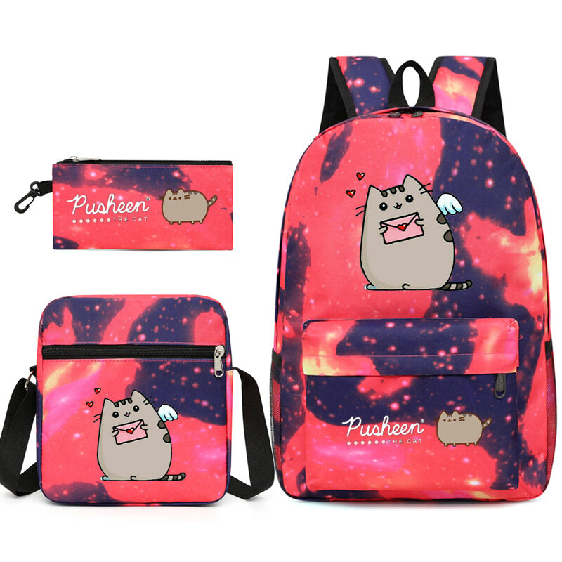 Pusheen fat cat школьная сумка из трех предметов, повседневный студенческий рюкзак для мужчин и женщин с принтом, уличный рюкзак большой вместительности