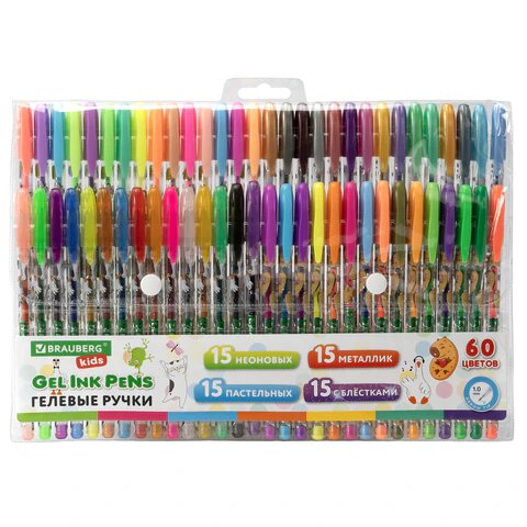 Ручки гелевые BRAUBERG KIDS "CUTE ANIMALS", набор 60 цветов, корпус с печатью, узел 1 мм, линия письма 0.7 мм, 144450