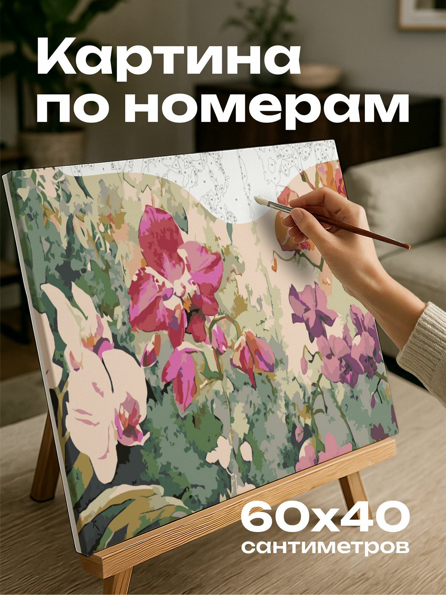 Картина по номерам 60x40 см, Орхидеи, соцветия, цветение, окраска, акварельная иллюстрация, сад, разнообразие