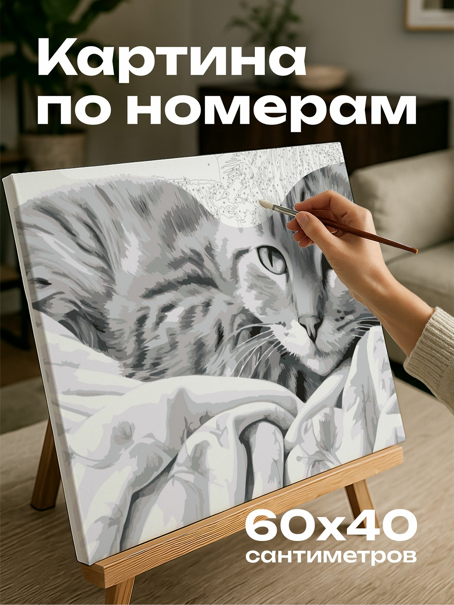 Картина по номерам 60x40 см, картина, графитовый рисунок, британская кошка, глубокий сон, узоры, текстура меха