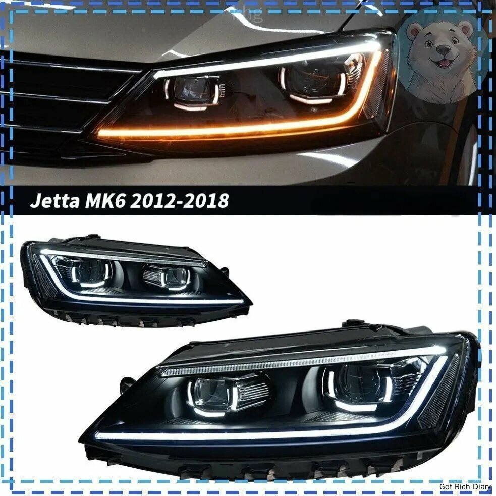 Фары автомобильные, 2 шт, арт. Подходит для модификации фар Volkswagen Jetta MK6 2012-2018 годов выпуска: светодиодные дневные ходовые огни, плавные поворотники и линзы.